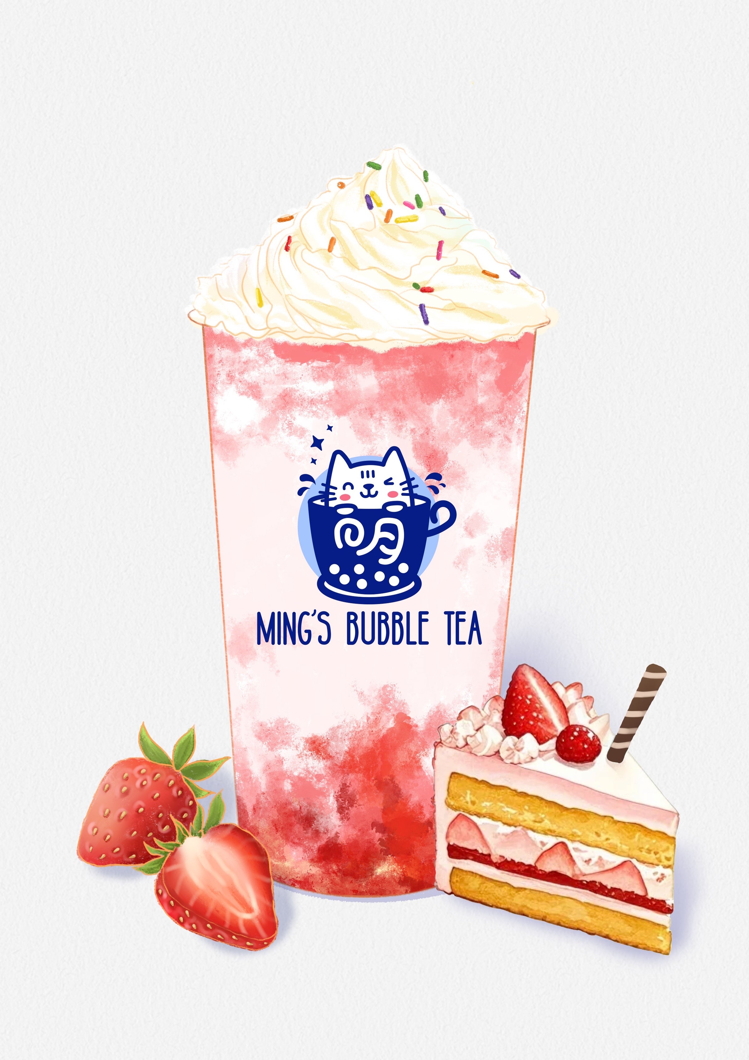 Strawberry Cake Milk Tea w/ Rainbow Whipped Cream